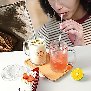 Glass Coffee Mugs Clear Mug - 14 Oz Ribbed Mugs with Straw Spoon Classical Vertical Stripes Glass Tea Cups With Lids Set of 4 - Elegant Lovely Gifts for Anniversary Weddings Christmas Birthday