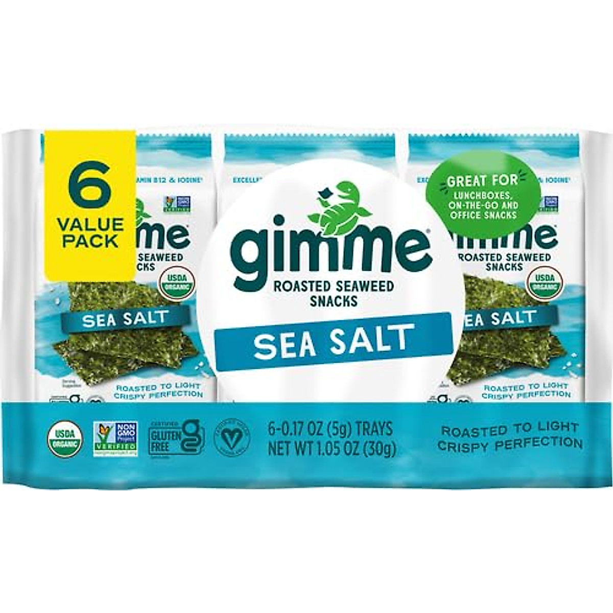 gimMe - Sea Salt Organic Roasted Seaweed Sheets Keto, Vegan, Gluten Free Great Source of Iodine & Omega 3’s Healthy On-The-Go Snack for Kids Adults 6 Count( Pack 1)