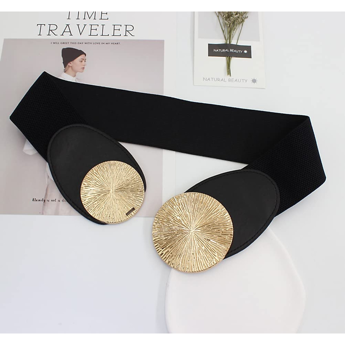 losofar Women Elastic Wide Stretchy Waist Cinch Belt Retro Fashion Automatic Buckle Waistband (black gold, waist below 42")