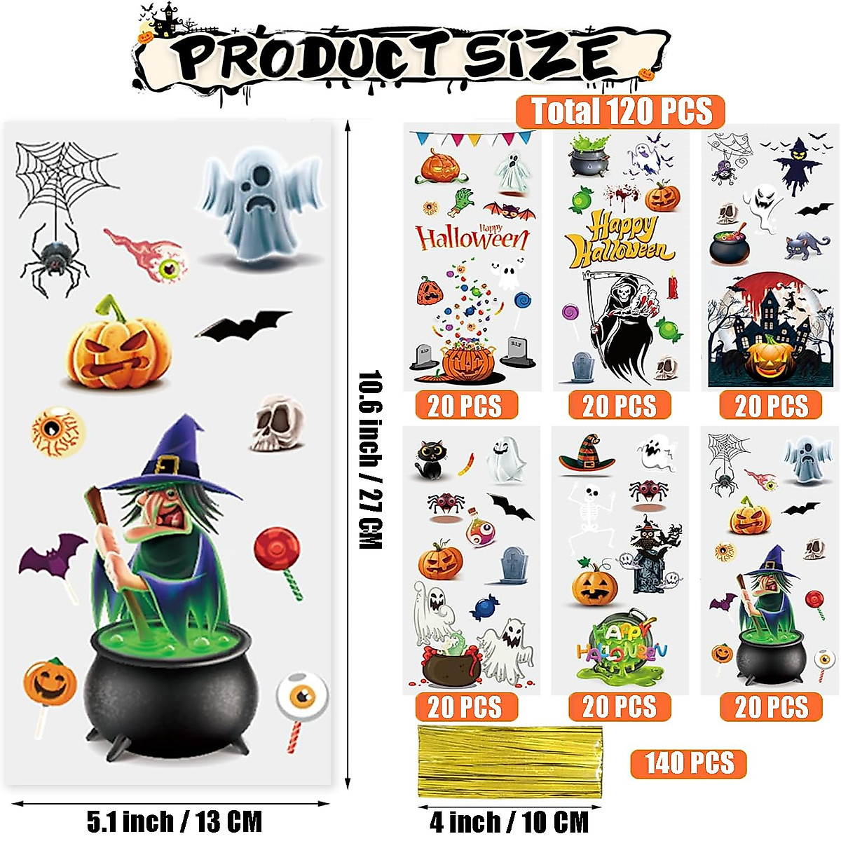 WZWXXQ 120 Pcs Halloween Cellophane Treat Bags,Halloween Candy Bags with 140 Pcs Gold Twist Ties, Trick or Treat Goodie Bags for Halloween Party Supply-10.6 * 5.1 inch