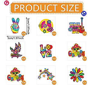 Chinco 144 Pieces Hippie Temporary Tattoo Stickers for Kids 70s 80s 90s Groovy Hippie Tattoos Hippie Face Tattoos Love and Peace Tattoos Multi Temporary Tattoos Decals for Tie Dye Hippie Party Favors