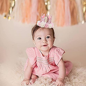 Kbrand Hat First Birthday 1st For Baby Girl Decoration Gifts Rose Gold Baby Pink Party Crown One Year Old Flowers Princess Pink 3inch