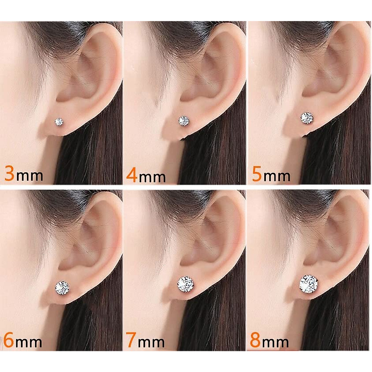 3 Pairs 925 Sterling Silver Cubic Zirconia Stud Earrings 6mm-7mm-8mm Set Men Women