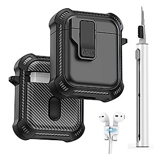 Polislime AirPods Case Cover with Cleaner kit & Magnetic Anti-Lost Straps,Secure Lock Clip with Carbon Fiber Protection Design Case Shell for Apple Airpod Case 2nd &1st Generation -【5 in 1】 Black