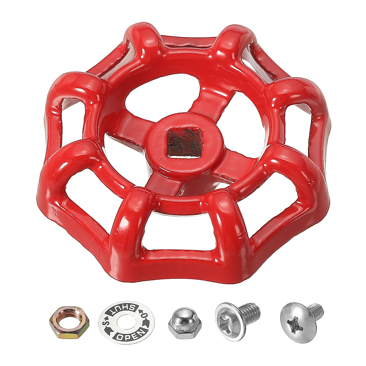 PATIKIL Outside Faucet Handle Square Stem Hole 6x6mm, Cast Steel Faucet Round Wheel Handle Replacement Water Spigot Handle with Screws Spacer, Red