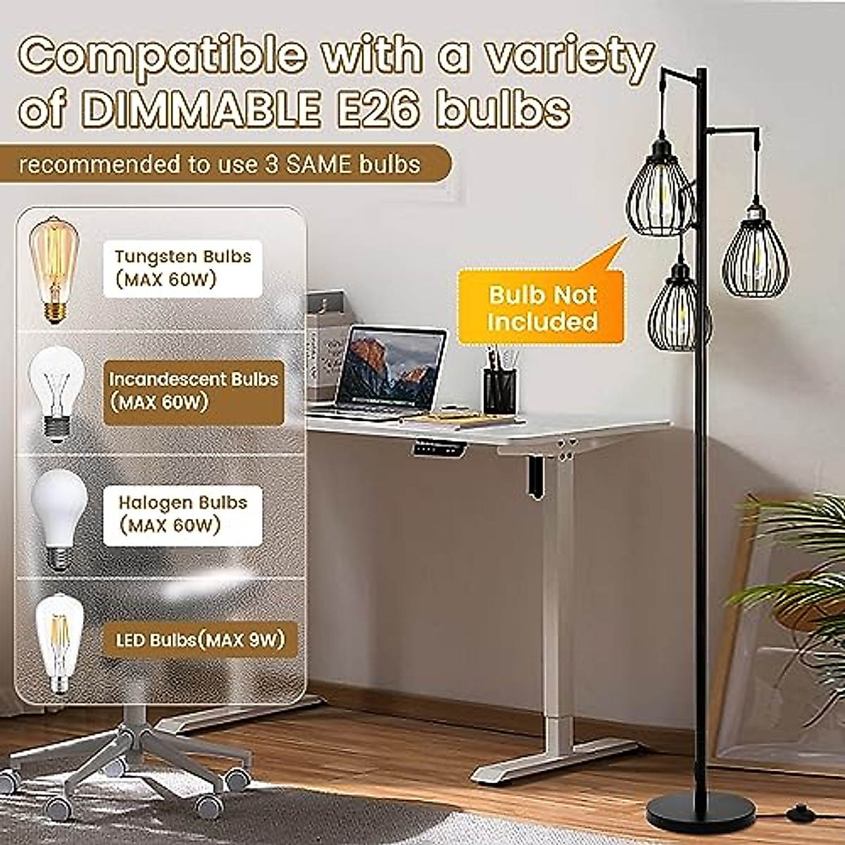 HIHUOS Dimmable Floor Lamp for Living Room - Retro 68" Tall Standing Tree Lamps for Bedroom - Black Farmhouse Pole Stand Up Lamps for Office Home [Upgraded]