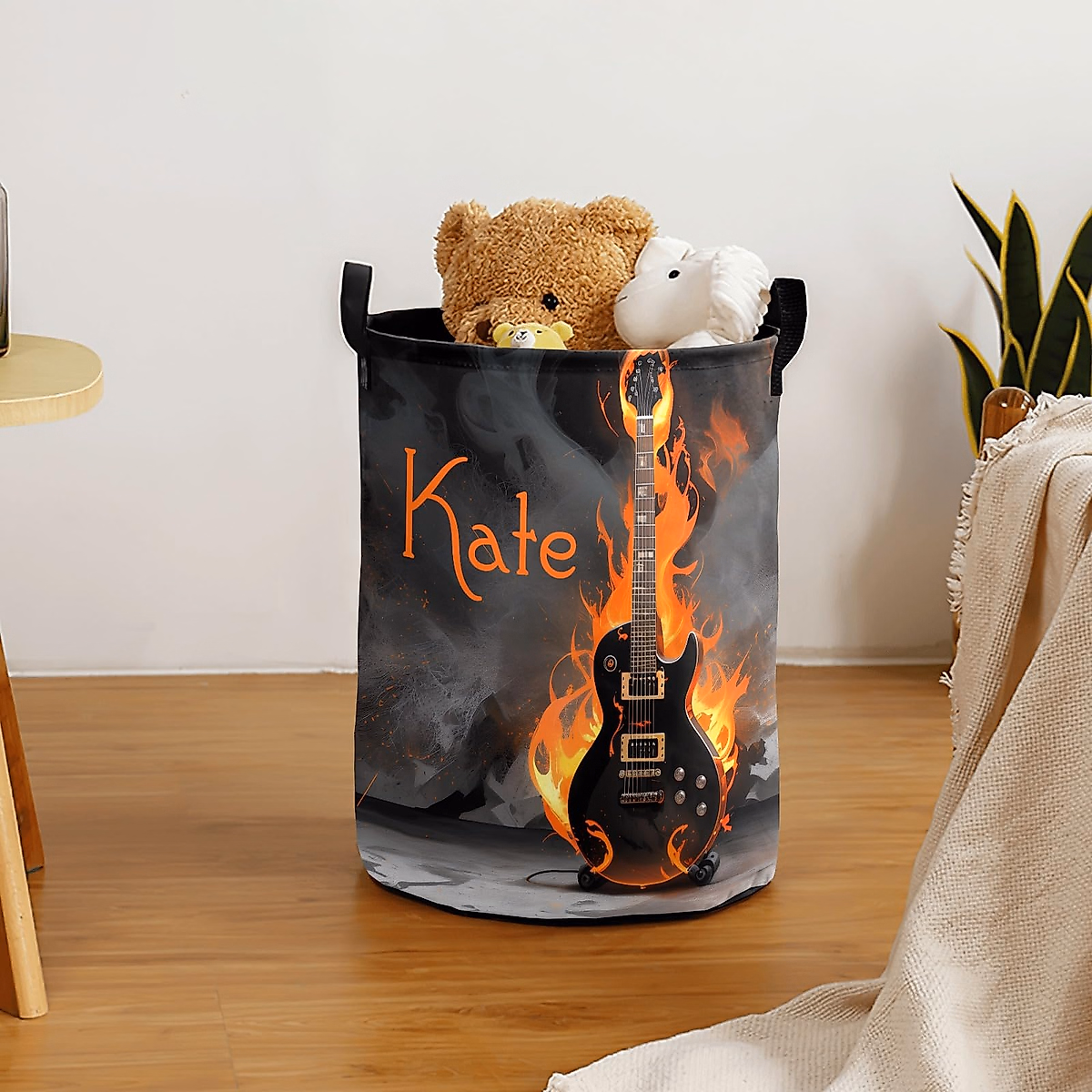 Personalized Laundry Basket Burning Guitar Custom Laundry Hamper Collapsible Clothe Storage Baskets with Knitting Handle