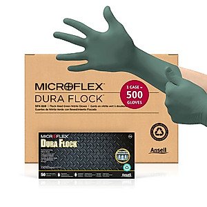Microflex Dura Flock DFK-608 Thick 11mil Nitrile Gloves w/Flock Lining for Automotive, Aftermarket, Machinery - X-Large, Green (Case of 500)