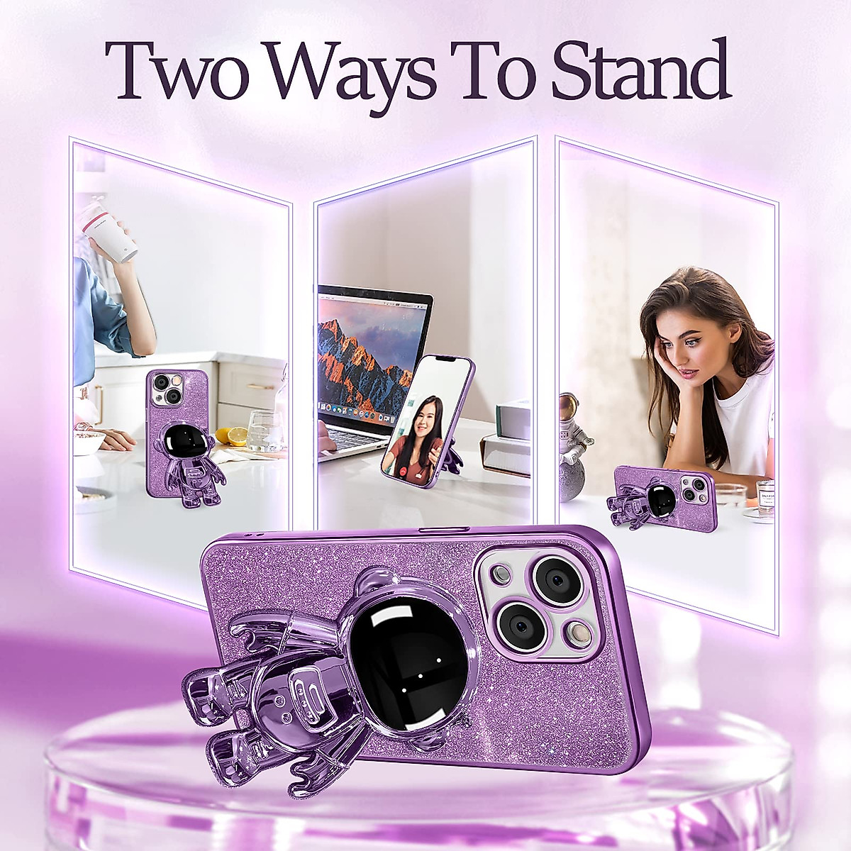 Buleens Astronaut iPhone 13 Mini Case, Clear with Glitter & Spaceman Stand, Purple