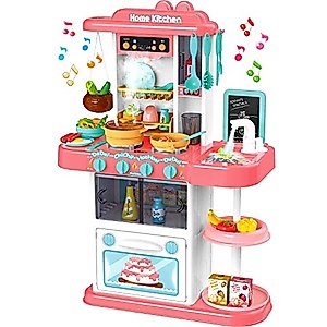 Little Brown Box Kids Pink Plastic Kitchen Playset Toy, Pretend Play, Cookware Set, Dishes, Pretend Food W/ Sink, Realistic Steam, Lights & Music - Gift for Toddler, Children, Girls 3,4,5 Years