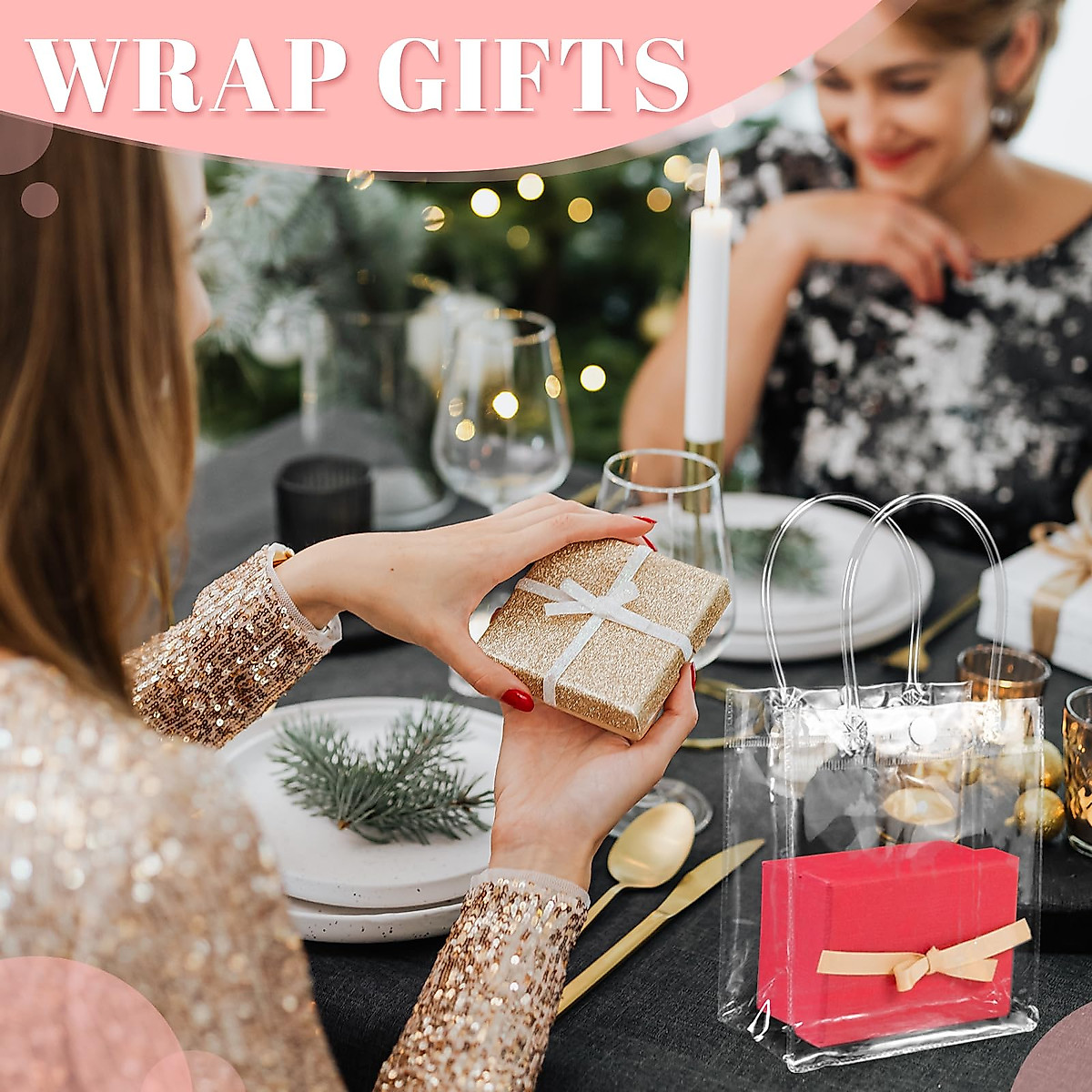 NEXXXI Clear Gift Bags with Handle, 55 Pack Plastic Bags Small Gift Wrap Tote Bags for Weddings, Parties, and More, 5.9 x 5.1 x 2.7 Inches