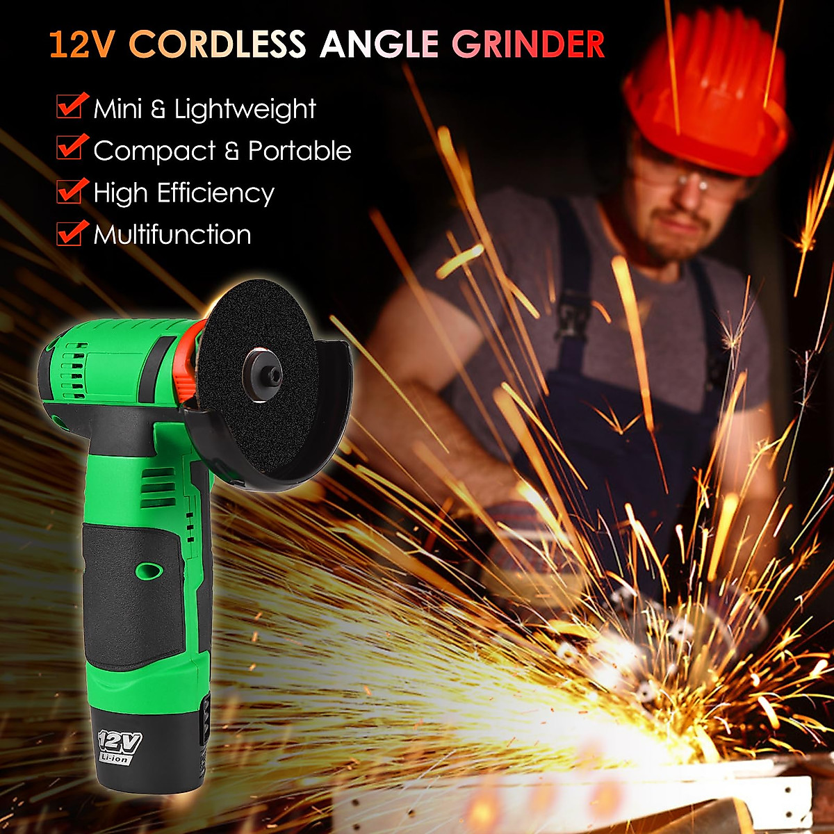 Cordless Angle Grinder, Weytoll 19500 rpm 12V Mini Angle Grinder,with 2 pcs Battery 2pcs Discs, for Plastic/Pipe/Drywall Cutting & Grinding