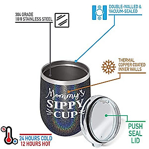 Mommy's Sippy Cup Wine Tumbler Black Glitter 12 oz Stainless Steel Stemless Glass with Lid for Mother's Day, Birthday, Christmas Gift for Mom