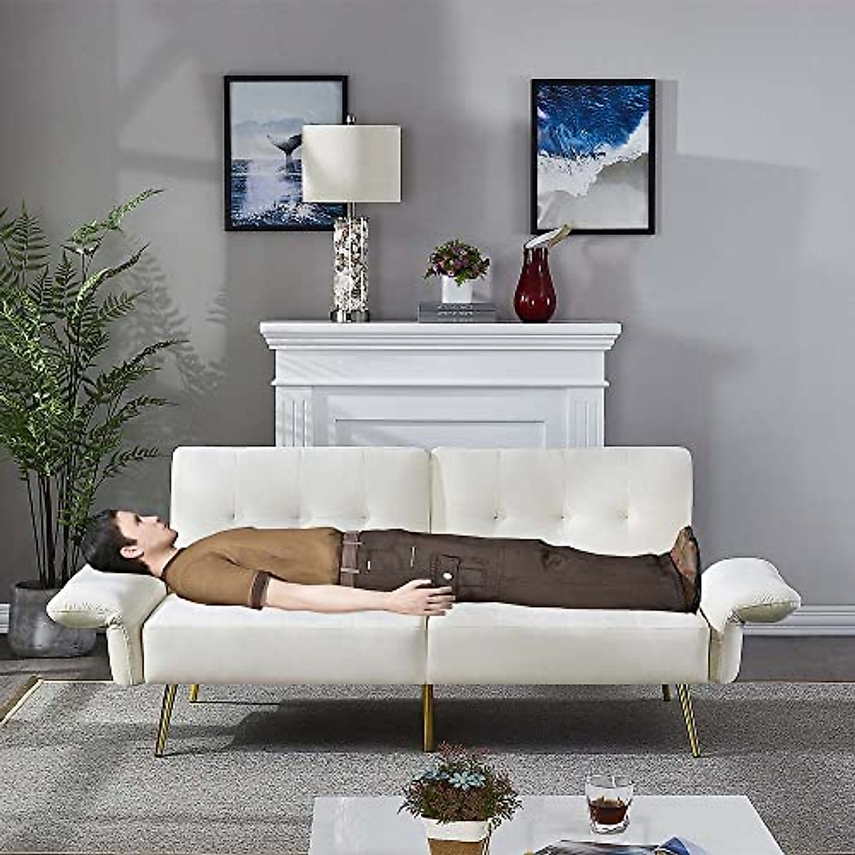 Lin-Utrend 67" Comfortable Velvet Couch，Convertible Sofa Bed, Living Room Sofas with Adjustable backrest and armrest, for Living Room, Apartment, Bedroom, Office, Shop(Beige)