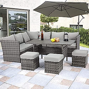 U-MAX 7 Pieces Patio Furniture Set Outdoor Sectional Sofa Conversation Set All Weather Wicker Rattan Couch Dining Table & Chair with Ottoman, Gray