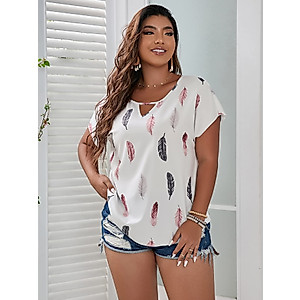 SOLY HUX Plus Size Blouses for Curvy Women Cute Boho Print Shirts V Neck Casual Summer Blouses T-Shirts Tops White 1XL