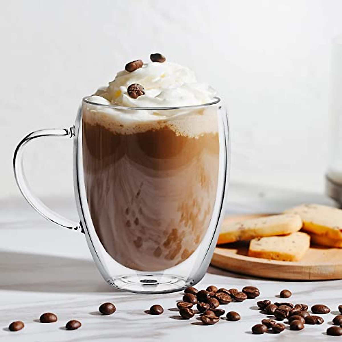 Top-spring Double Wall Glass Coffee Mugs, Clear Glass Coffee Cups with Handles - Set of 4 Double Wall Insulated Coffee Mug Tea Latte Espresso Cups (12oz, Clear)