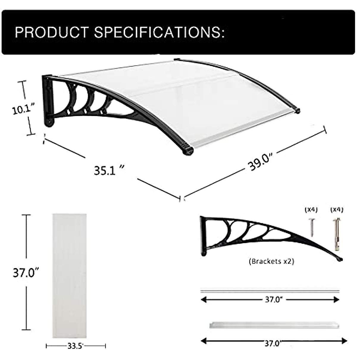 Choies 40" x 40" Window Awning Polycarbonate Door Canopy Cover Outdoor Patio Front Door Garden Awning Canopy UV Rain Snow Sunlight Protection One Piece Hollow Sheet (White)