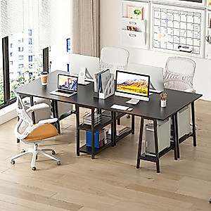 SogesHome 94.5’’ Two Person Desk, Double Computer Desk with Storage 2-Tier Shelf, Extra Long Large Gaming Desk, Office Study Writing Desk Workstation-94.5L’’x23.6W’’x29.5H’’(Black)