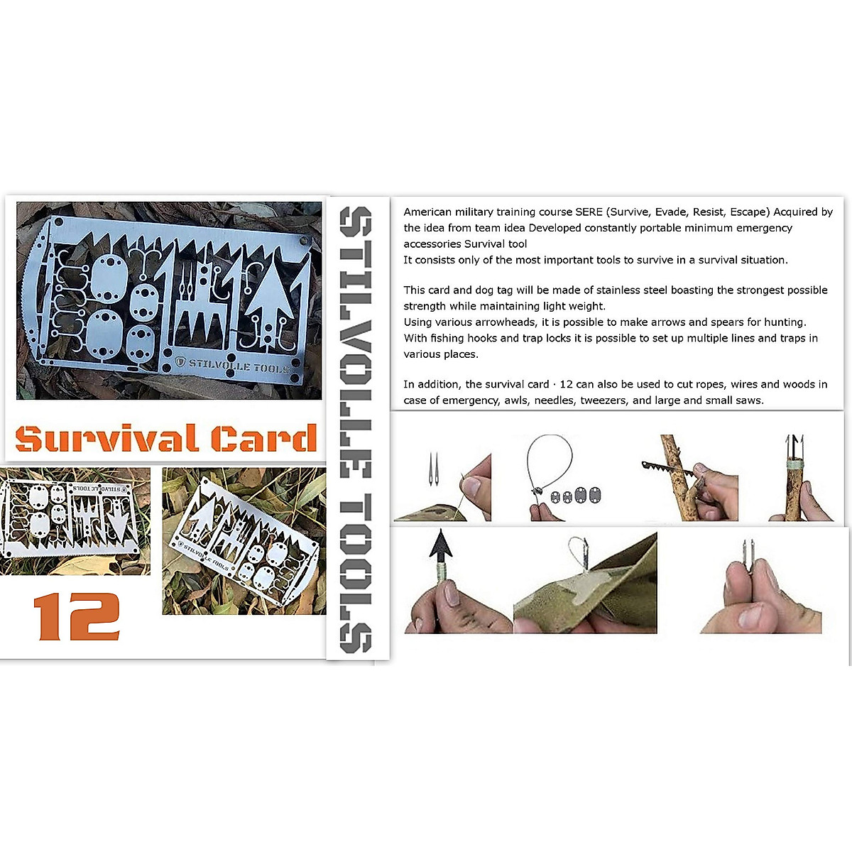 Stilvolle Tools Survival Card Tool Hook Size That Contains The 12 Features to Help Survival Card 12 Survival time to Card Size, Hook Small, Arrowhead A, Arrowhead B, (Silver)