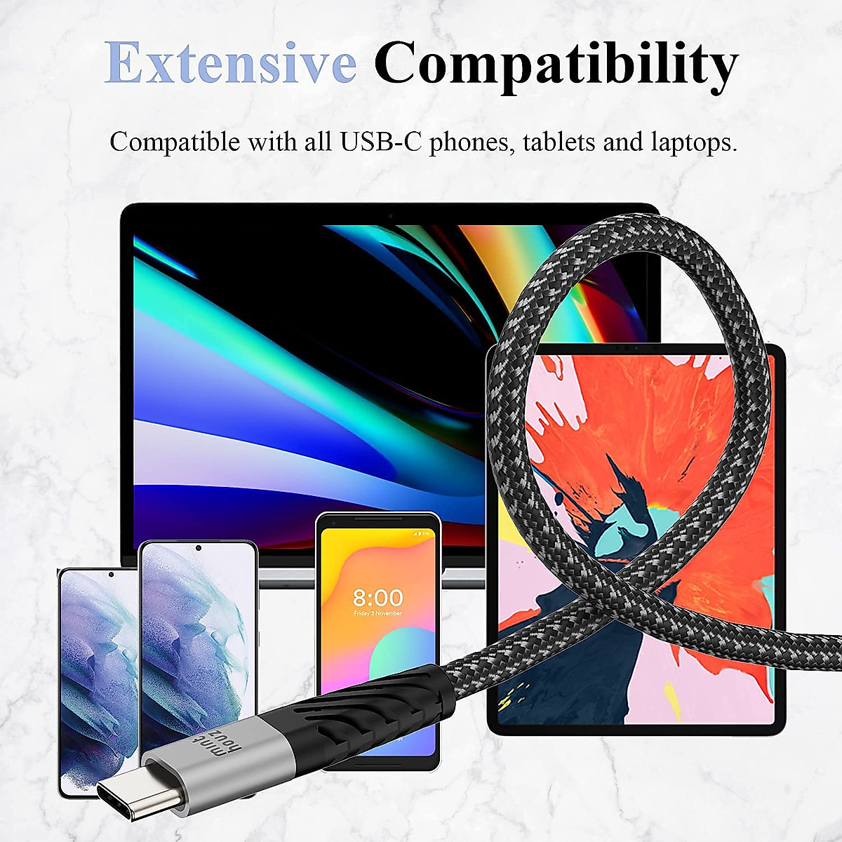 Mithhouz USB C to USB C Cable, Type C to Type C Cable 3A/60W Fast Charging Cable Compatible with Google Pixel 2/2 XL, MacBook Pro, iPad Pro, Nintendo Switch, Samsung, Nylon-Braided-Grey [1-Pack 3ft]