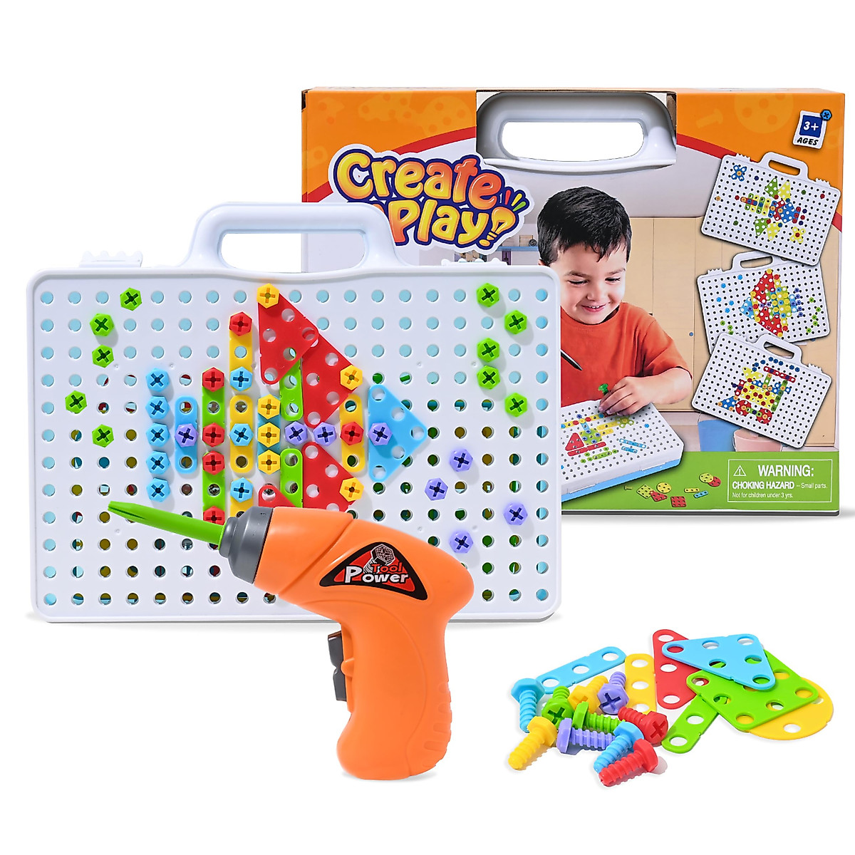 Drill & Play Building Toy Set Creative Educational with Real Toy Drill - STEM Construction Game Mosaic Design Building Toys Tool Kit for Kids and Toddlers