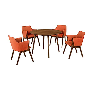 Armen Living Arcadia and Renzo 5 Piece Dining Set, 42" Round, Orange/Walnut Wood