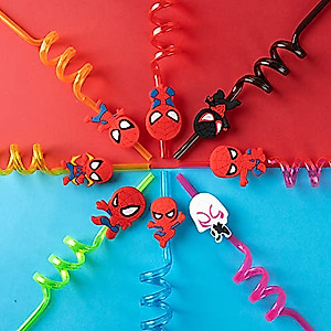 NITELUO 24Pcs Spiderman Birthday Party Supplies Reusable Drinking Straws,8 Designs Spider Party Favors with 2 Cleaning Brush