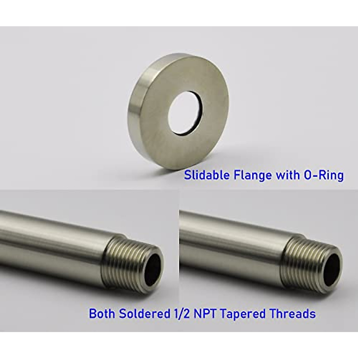 Aquaiaw Shower Arm and O-Ring Flange, 3 inch, Solid Brass, Round, Both Soldered 1/2 NPT Tapered Threads, Straight Shower Arm Extension, Ceiling Shower Head Arm for Rainfall Shower (PVD Brushed Nickel)