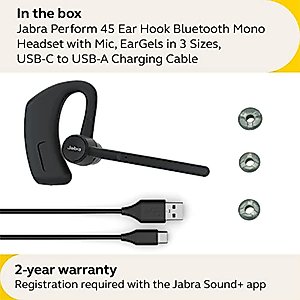 Jabra Perform 45 Ear Hook Mono Bluetooth Headset - Advanced Ultra-Noise-Cancelling Microphone, Push-to-Talk Functionality, Face2Face Mode and Discreet Design - Black