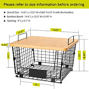 2 Set Kitchen Counter Basket with Bamboo Top - Pantry Cabinet Organization and Storage Wire Basket - Countertop Organizer for Produce, Fruit, Vegetable (Onion, Potato), Bread, K-Cup Coffee Pods