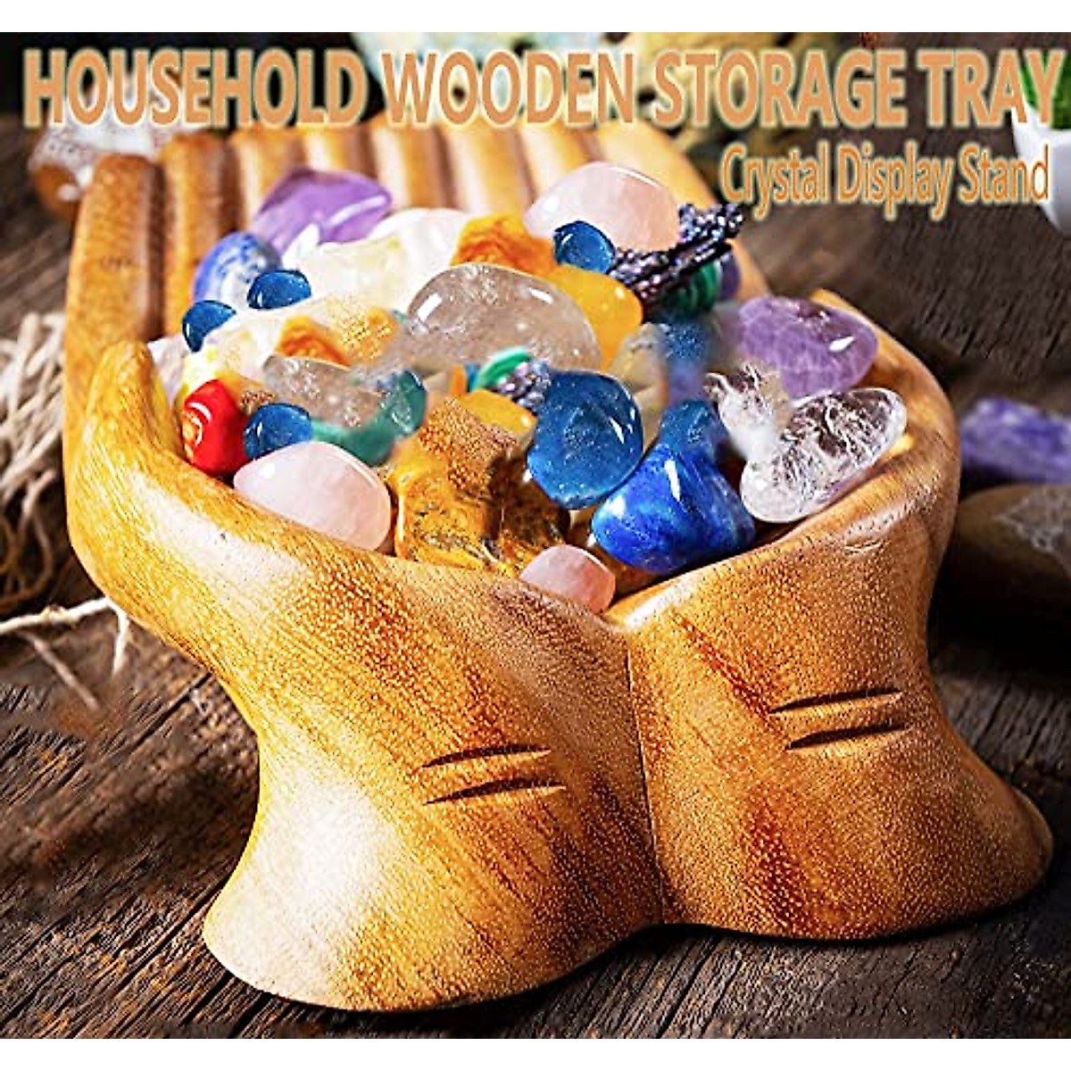 FelRelWel Carved Storage Handmade Decorative Bowl, Household Wooden Storage Tray, Hands Folded Upward Sacrificial Tray, Crystal Display Stand, Key Storage Decorative Tray, Household Wooden Art,Brown