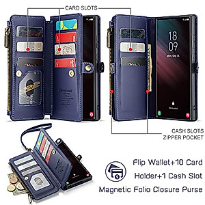 Defencase Galaxy S23 Ultra Wallet Case, RFID Blocking Leather, Magnetic Flip & Zipper Card Holder, Dark Blue