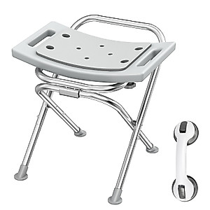 UGarden Folding Shower Chair Seat, Stainless Steel Small Shower Chair for Inside Shower with Pad/Grab Bar, 400lbs Portable Travel Shower Stool, Safety Anti-Slip Bath Chair for Seniors, Disabled, Gray