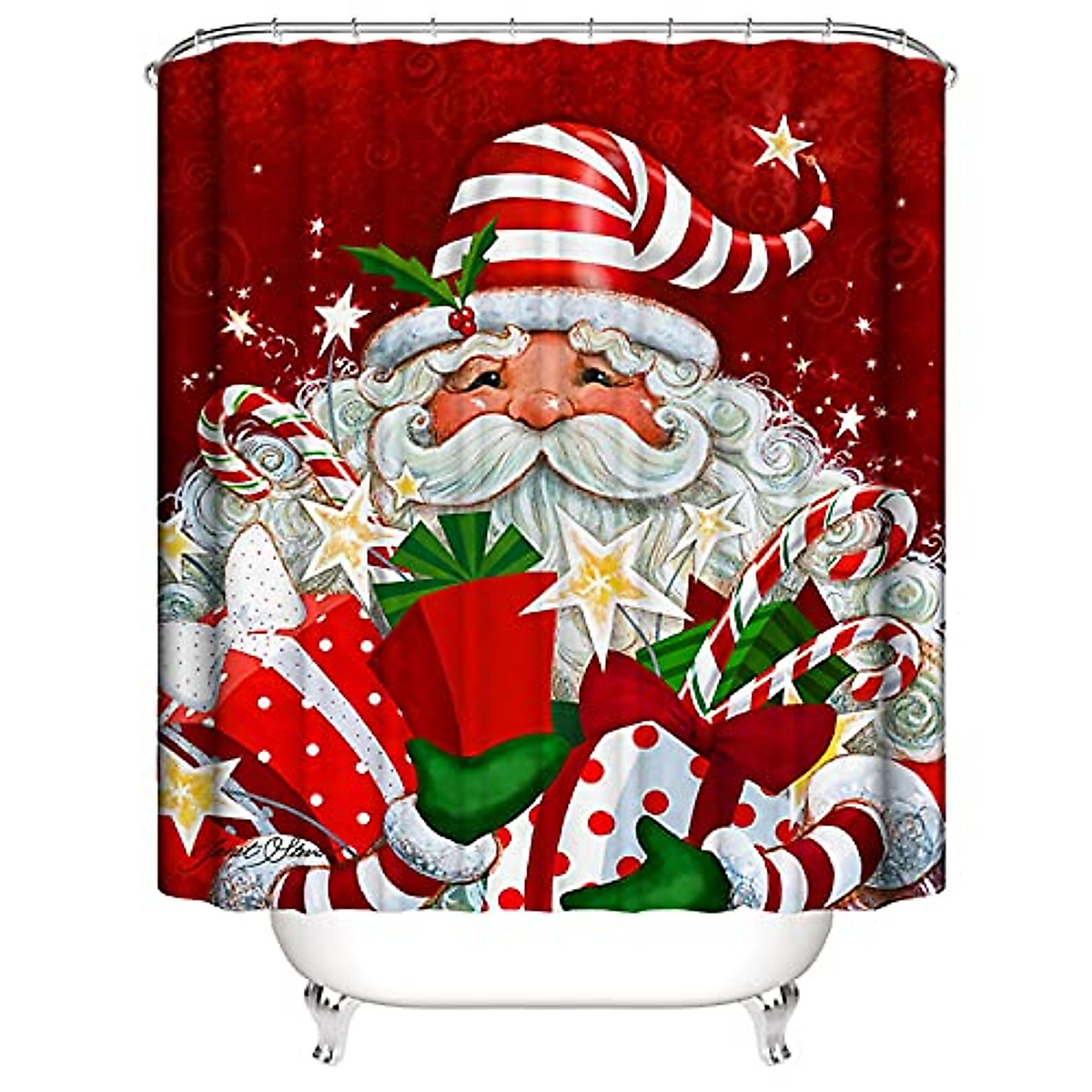 4Pcs Xmas Shower Curtain Sets with 12 Hooks,Bathroom Curtains Shower Set Toilet Mat Lid Rug,Bathroom Sets Shower Curtain Sets and Rugs and Accessories,72x72inch (Santa Claus)