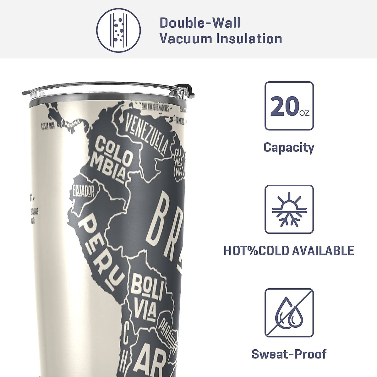 susiyo Map Of Latin America Vacuum Insulated Cup 20 oz Double Wall Stainless Steel Coffee Mug with Lid and 2 Straws