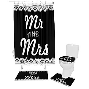 MUSEDAY 4 Pcs Shower Curtain Set Wedding Bathroom Decor Sets with Non-Slip Rugs, Toilet Lid Cover & Bath Mat Waterproof Curtains for Bathroom, Lace Pattern with Words Mr and Mrs