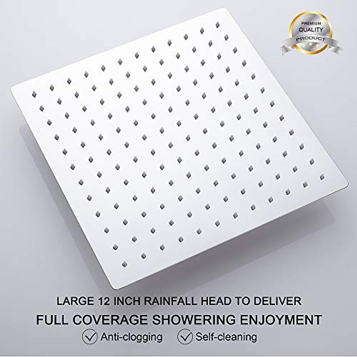 RODDEX Square Rain Shower Head, High Pressure Rainfall Showerhead, Large Fixed Stainless Steel Polished Chrome Shower Rain, 12 Inch Rainhead + 15 Inch Extension Arm