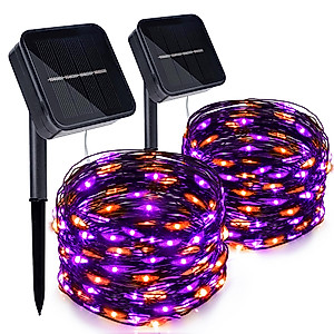 kemooie 2 Pack Total 200 LED Solar Halloween Lights, 8 Twinkle Modes Upgraded Solar Powered Fairy Lights, for Outdoor, Garden, Balcony Party Halloween Decorations (Purple and Orange)
