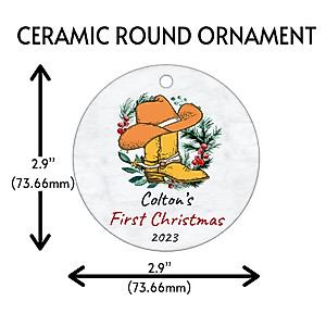 MeMate Personalized Babys First Christmas 2023 Ceramic Ornament, Western Baby's 1st Christmas Ornaments Keepsake, Cowboy Baby Name Ornaments, Christmas Decoration for Newborn