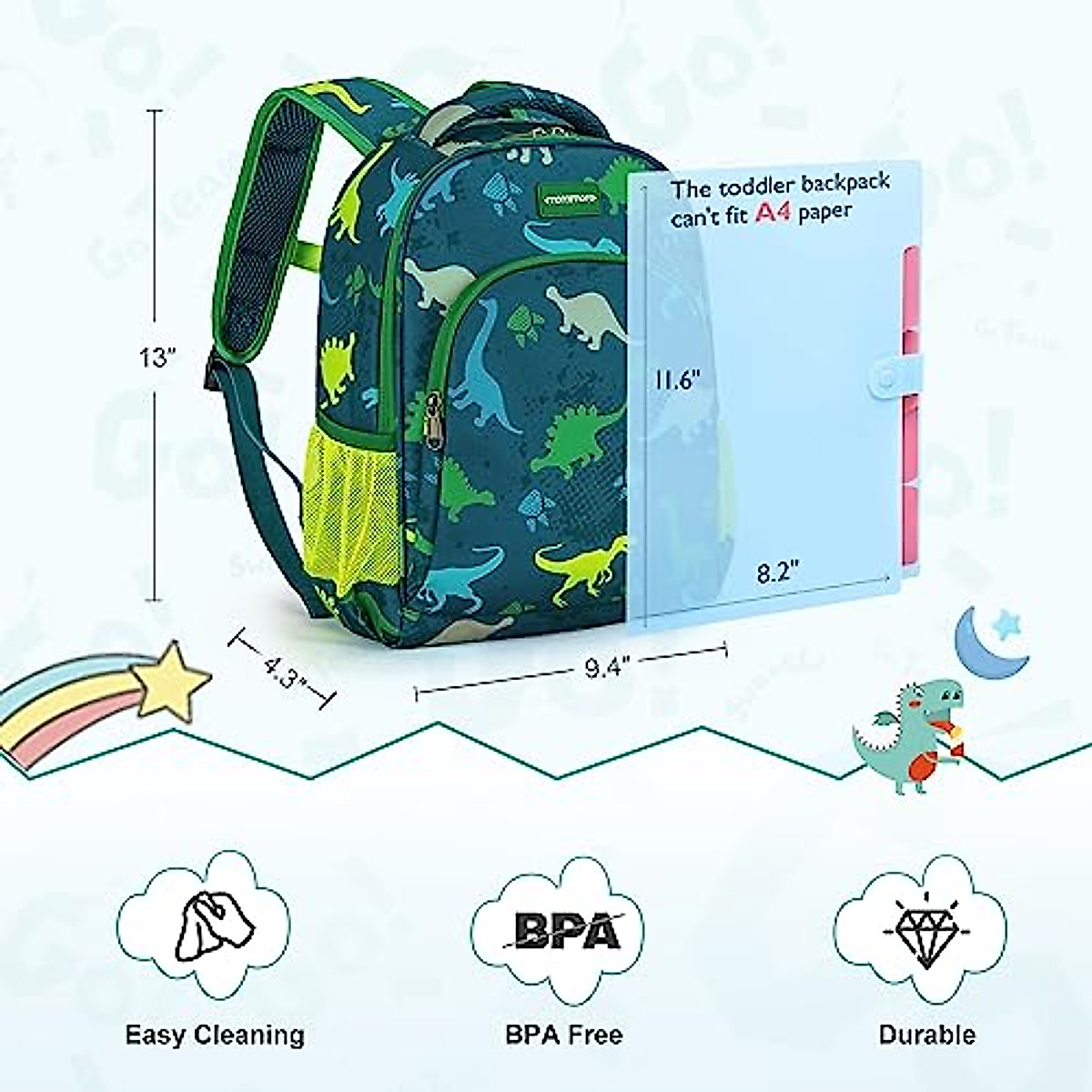 mommore Small Backpack for Kids, Dinosaur Toddler Boys Backpack Kindergarten Bookbag for Students Preschool Backpack for Children with Chest Strap Water Resistant, green