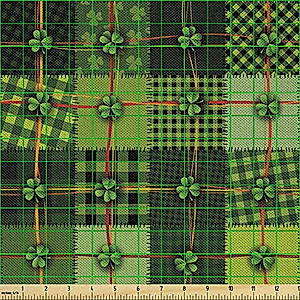 Ambesonne Irish Fabric by The Yard, Patchwork Style St. Patrick's Day Themed Celtic Quilt Cultural Checkered Clovers, Decorative Satin Fabric for Home Textiles and Crafts, 1 Yards, Green Orange