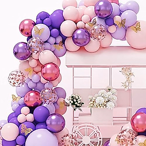 Purple and Pink Balloon Arch Kit, Pink Purple Gold Balloons Garland Kit with Butterfly Sticker for Purple Theme Birthday Party Bridal Wedding Decorations Baby Shower for Girl Women
