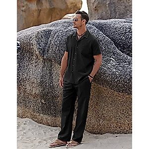 COOFANDY Mens Coordinated Outfit  Linen Beach  Casual Cuban Button Up Shirts Drawstring Pants, Black, X-Large