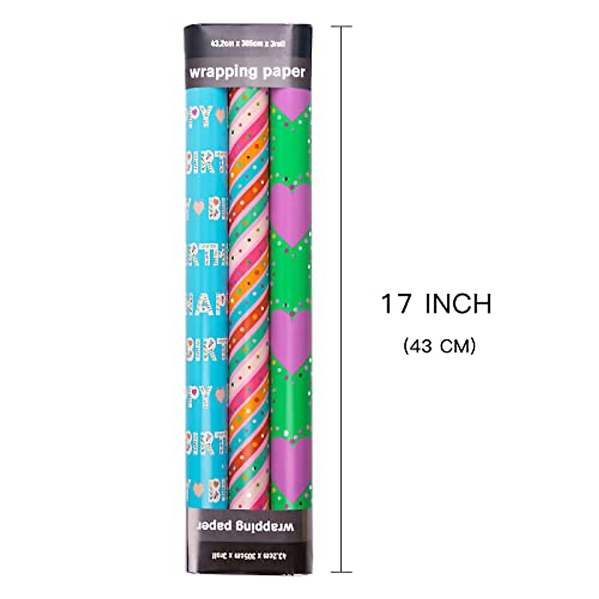 LeZakaa Birthday Wrapping Paper Roll - Mini Roll - Happy Birthday Lettering/Heart/Stripe Design for Boy, Kids Gift Wrapping - 17 x 120 inches, 3 Rolls (42.5 sq.ft.ttl.)