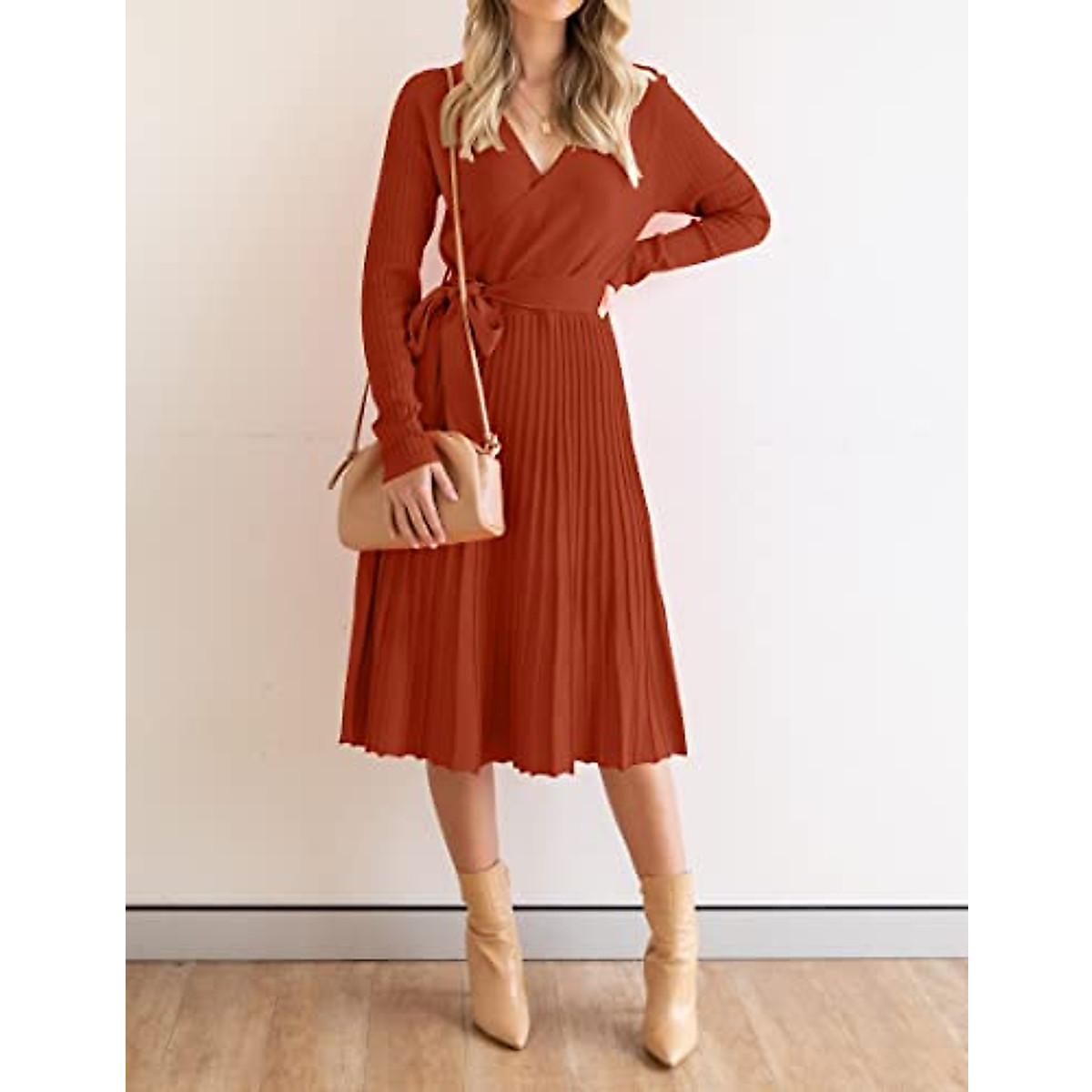 ZESICA Women's 2023 Fall Long Sleeve Wrap V Neck Ribbed Knit Pleated A Line Pullover Sweater Dress with Belt,Rust,Large