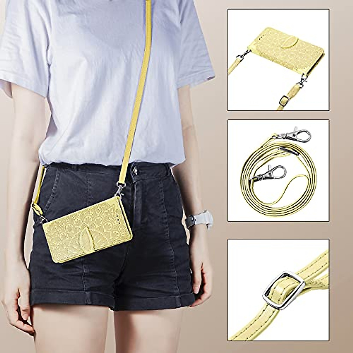 ONV Wallet Case for OnePlus N20-1.5M Adjustable Strap Emboss Feather Flip Phone Case Card Slot Magnet Leather Shell Flip Stand Cover for OnePlus N20 [MZY] -Yellow