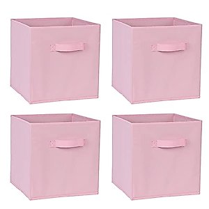 Pink Fabric Storage Cubes | Pack of 4 Organization Baskets with Handles for Home and Office | Foldable Storage Basket Set for Girls, 10.6 x 11.2-Inch