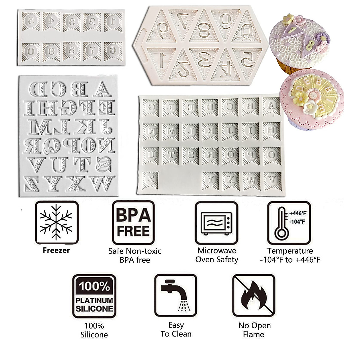 Letter Molds for Chocolate, 4 Pack Number Alphabet Silicone Fondant Molds for Baby Shower Cake Decorating Birthday Cupcake Toppers Candy