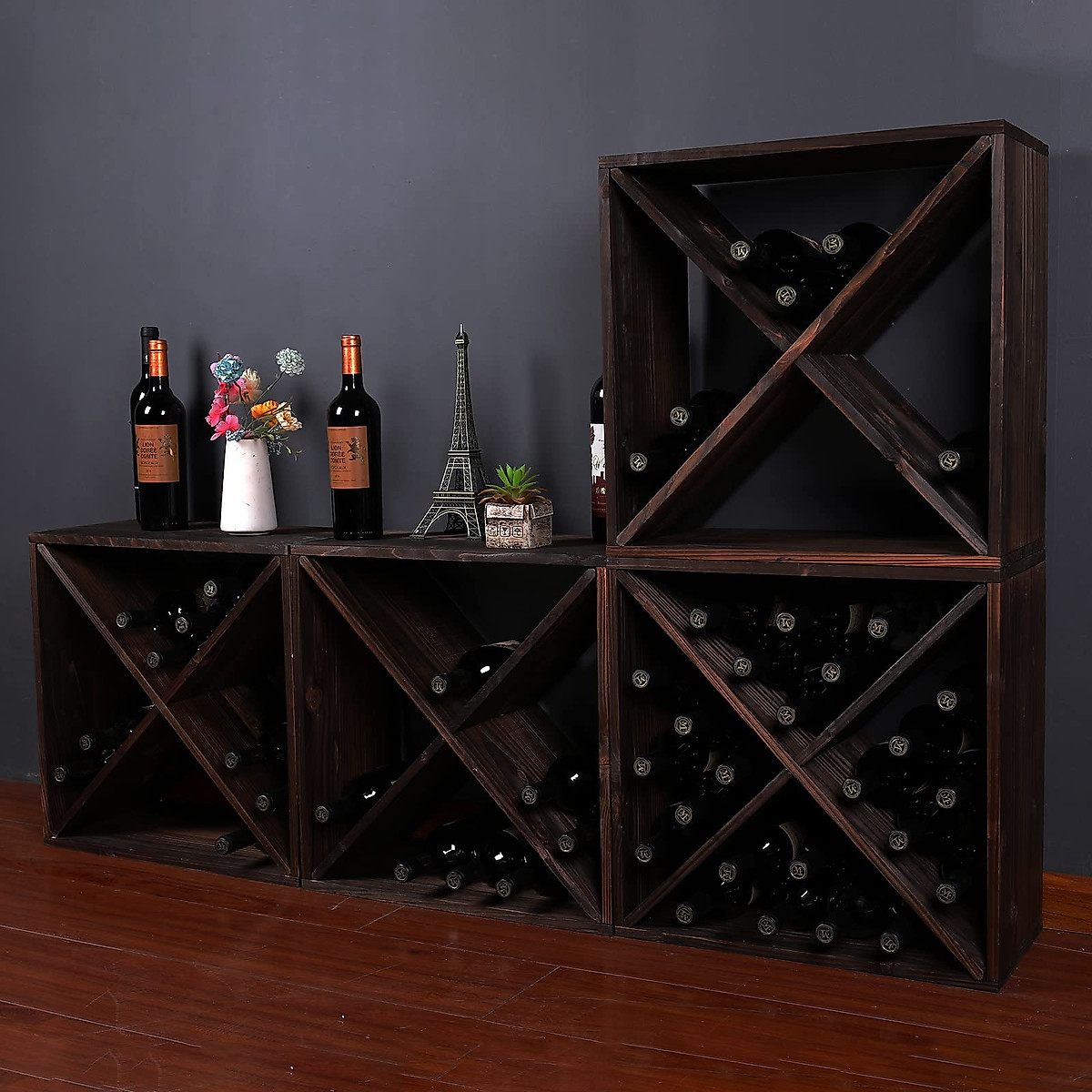 fdjamy Wine Rack countertop Wooden Stackable Storage Rustic Retro Style Cube 24-Bottle Wooden Wine Rack Wine Cabinet (Dark Brown)